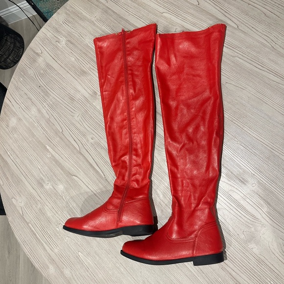 Tinstree | Shoes | Red Over The Knee Thigh High Stretchy Boots Low Heel ...